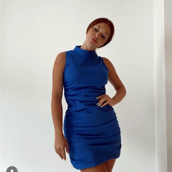 Zara | Dresses | Zara Dress Mini Cobalt Blue Ruched Stretch Poplin Mini ...